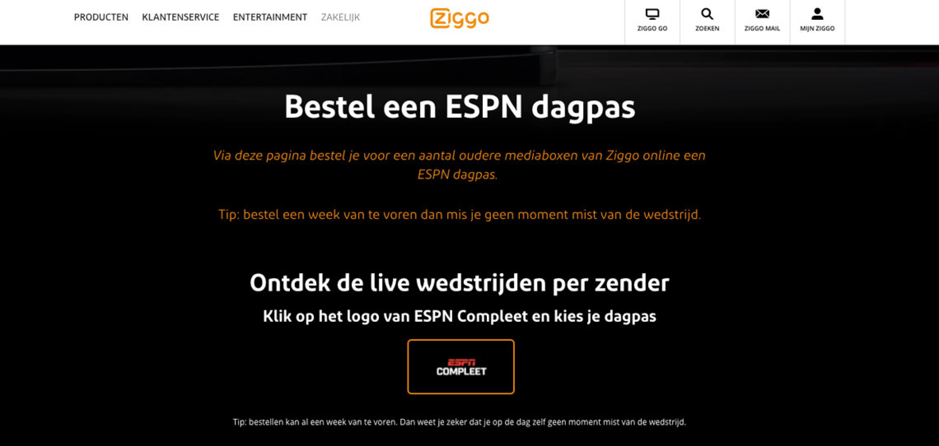 ESPN Compleet dagpas bestellen | Klantenservice | Ziggo